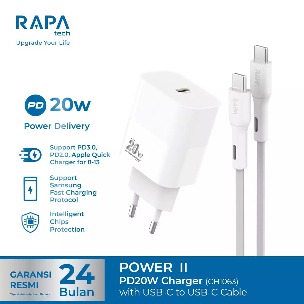Jual A_ RAPAtech CH1063 - POWER II - PD20W Charger with USB C-to C Cable 20W | Shopee Indonesia