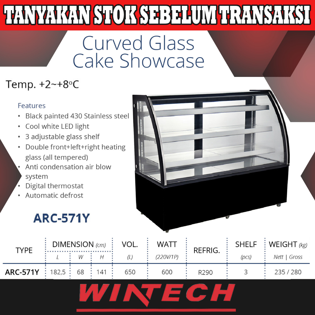 Jual Gea ARC-571Y Curved Glass Cake Showcase - Lemari Display Pendingin Kue Kaca Cembung Free ...