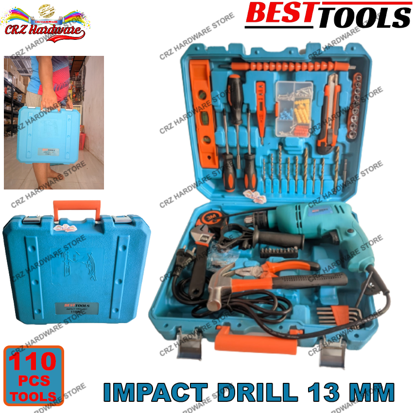 Jual Mesin Bor Set Box Koper Isi 110 pcs Impact Drill 13 mm Set Mata ...