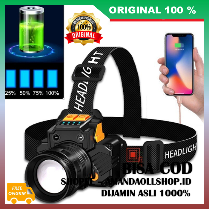 Jual Head Flashlight Senter Kepala Led Glare Sorot Induksi Zoom Isi Ulang Headlight Head 100% ...
