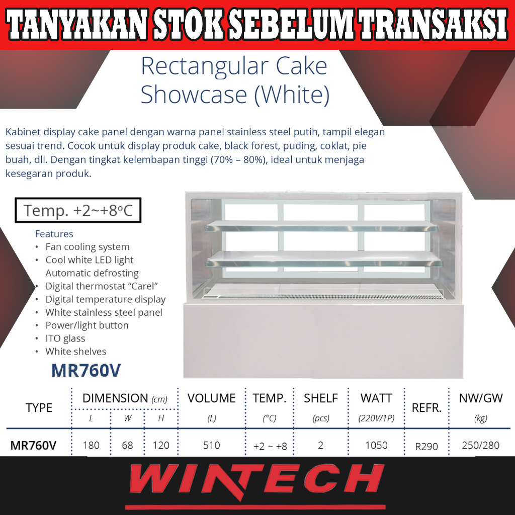Jual Gea MR760V Rectangular Cake Showcase / Pemajang & Pendingin Kue Bentuk Persegi - Display ...