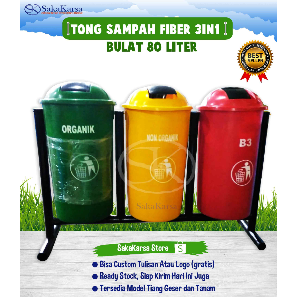 Jual TEMPAT SAMPAH FIBER BULAT 3 IN 1 80 LITER,TONG SAMPAH, BAK SAMPAH ...