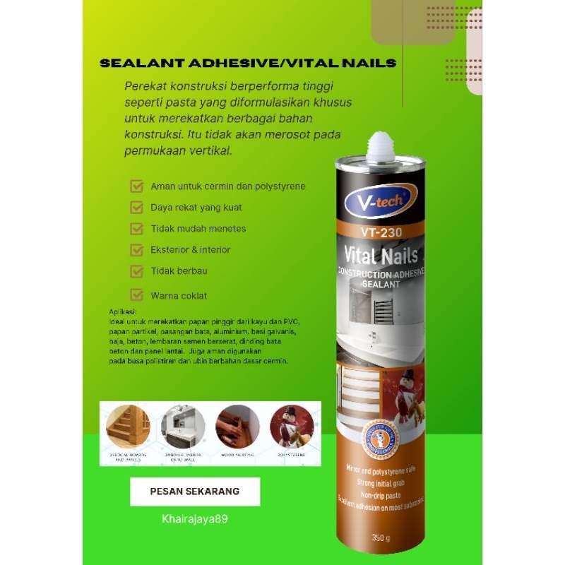 Jual Lem Pengganti Paku/Lem Cermin Kaca/Lem wall panel /VT-230 Vital ...