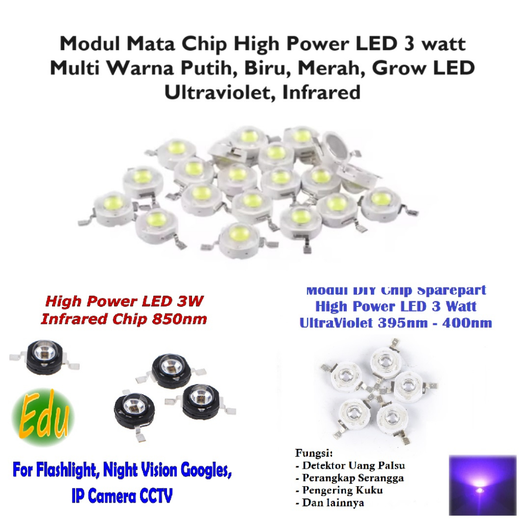 Jual Modul Chip Lampu High Power LED 3W DIY Multi Warna Putih UV ...