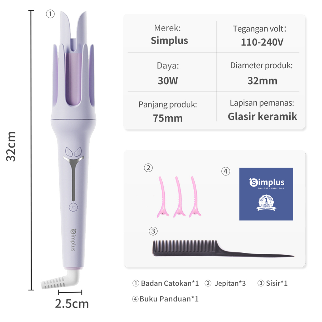 Jual Simplus Pengeriting rambut 32mm Low Watt 42W Empat Tingkat Suhu ...