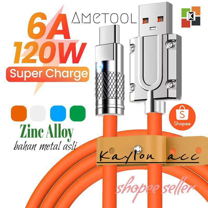 Jual AMETOOL kabel data kepala besi 120 Watt 6a super fast charging silikon pengisian cepat ...
