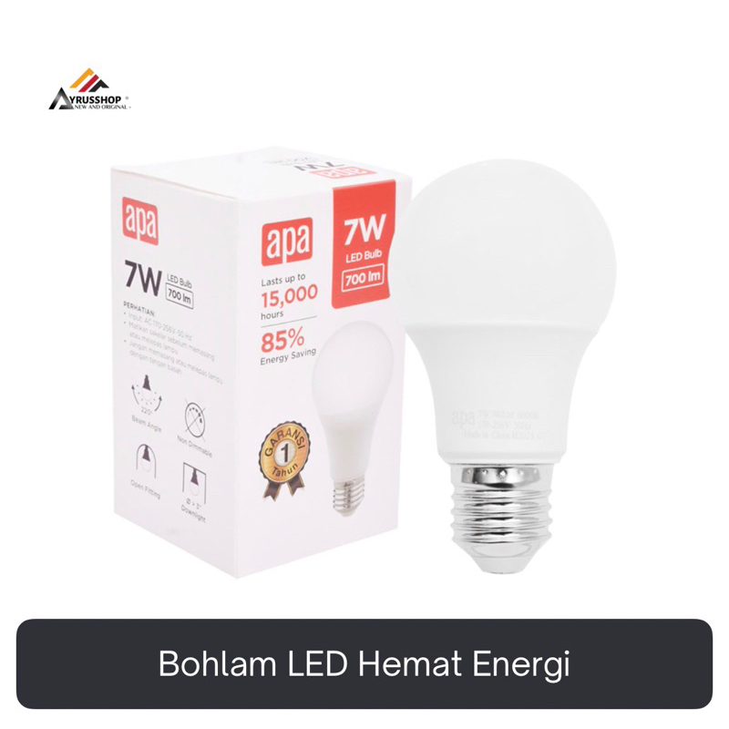 Jual Bohlam Lampu Bulb LED APA 7 watt Hemat energi Fitting Standart E27 ...