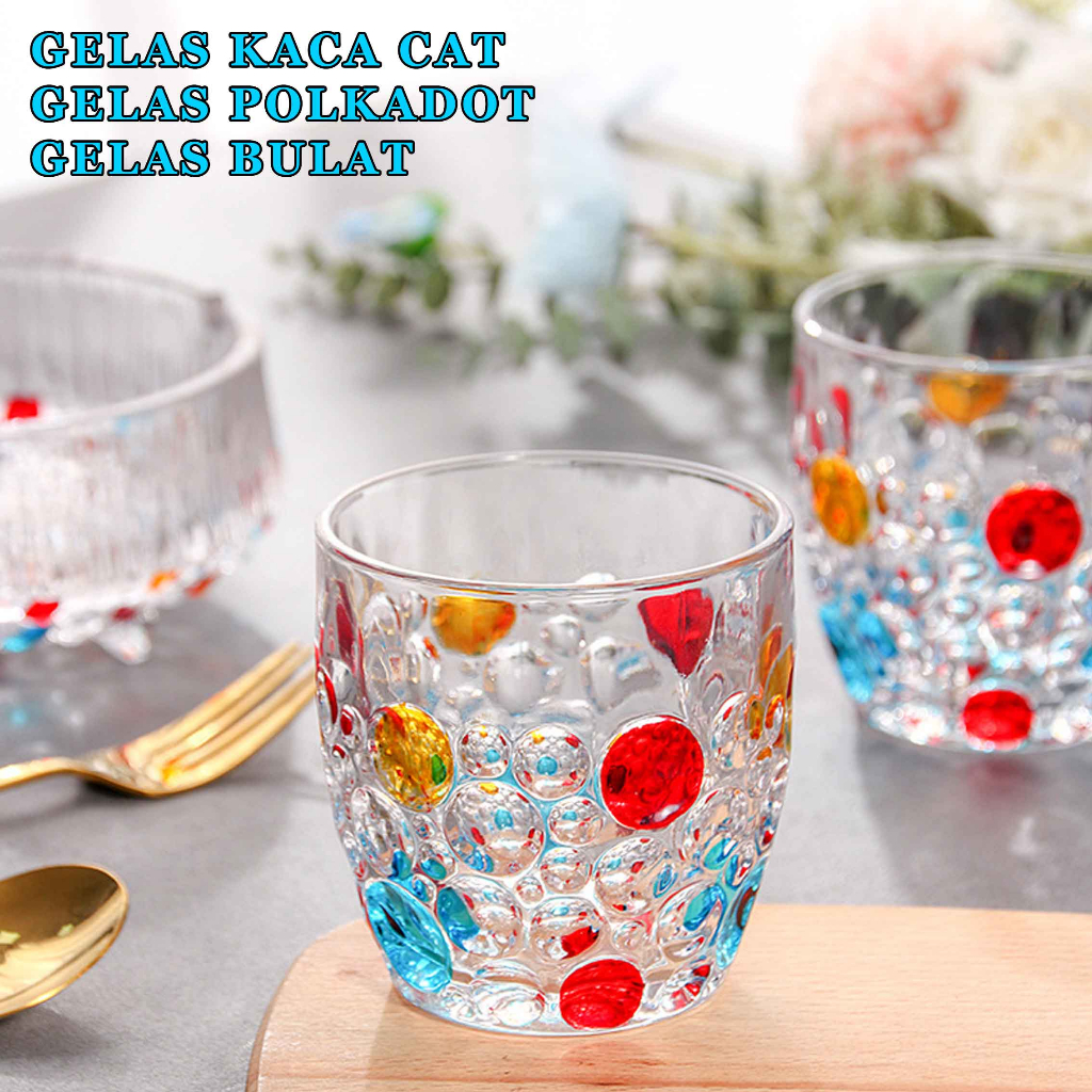 Jual Gelas Kaca Cat / Gelas Polkadot / Gelas Kaca Bulat / Gelas Elegant ...