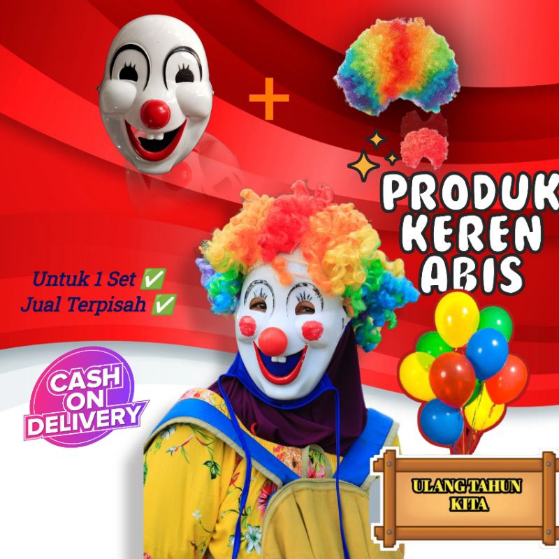 Jual (Rambut Dan Topeng 1 Set ) Topeng Badut, Rambut Badut warna warni ...