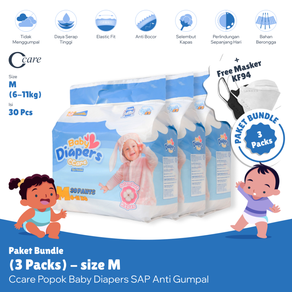 Jual [3 PACK] CCARE POPOK BABY DIAPERS SAP ANTI GUMPAL SIZE M free ...