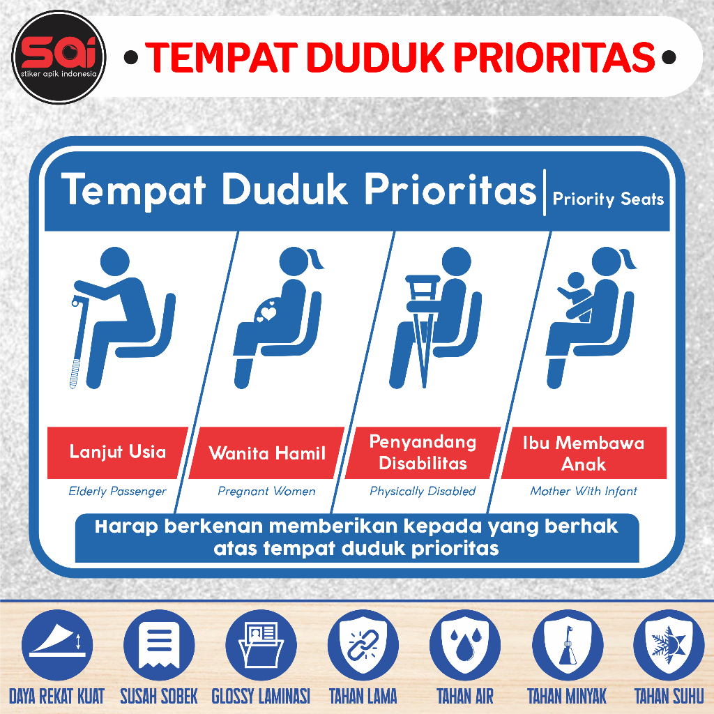 Jual stiker vinyl anti air KURSI / TEMPAT DUDUK PRIORITAS laminasi ...