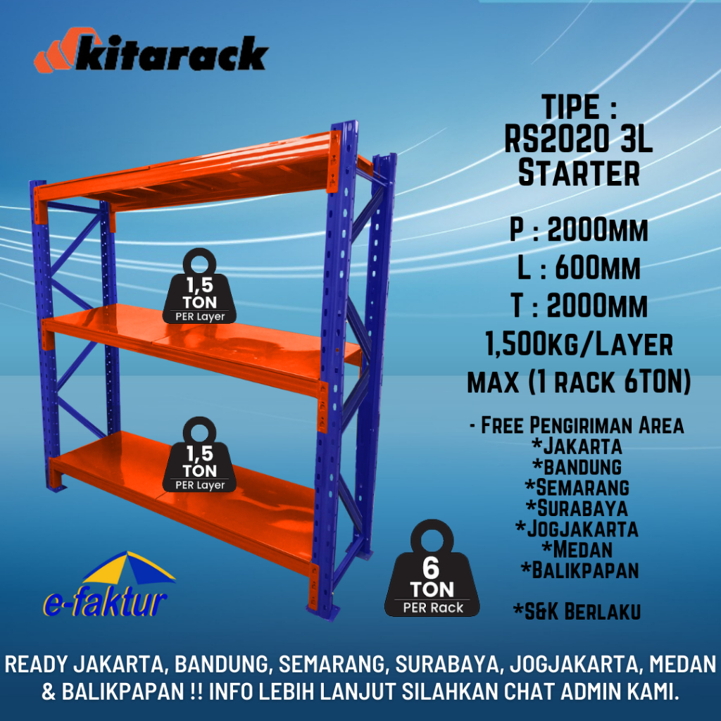 Jual KITARACK STARTER RS2020 200x60x200CM RAK HEAVY DUTY 3 SUSUN 1500KG ...