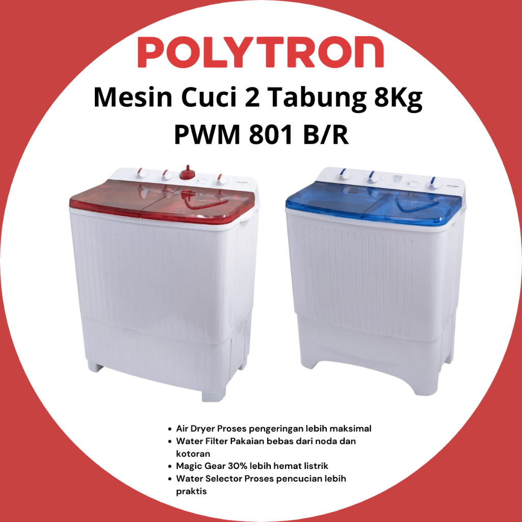 Jual Polytron Mesin Cuci 2 Tabung PWM 801 R/B - 8Kg Series Hijab | Shopee Indonesia
