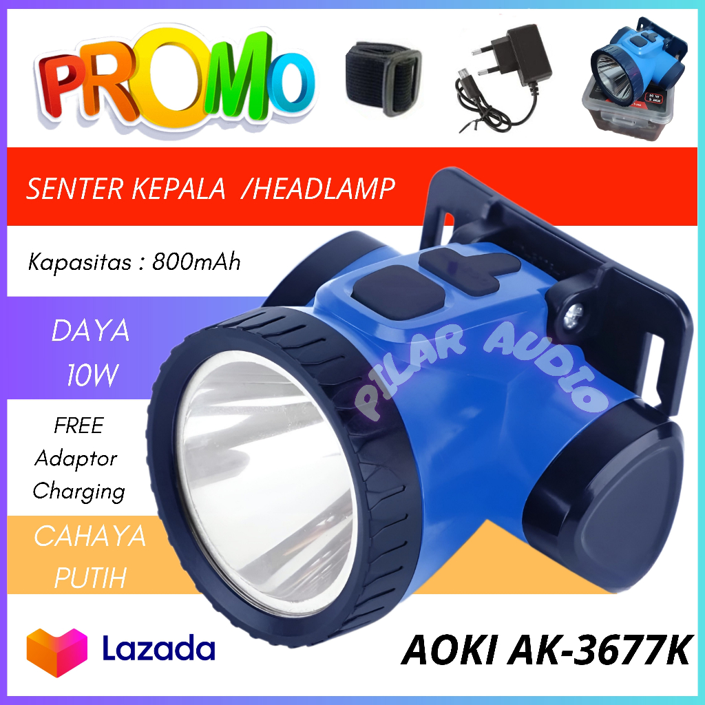 Jual Senter Kepala aoki 10 WATT Aoki ak-3677K 10w Super Led Baterai Lithium 800mAh / Senter ...