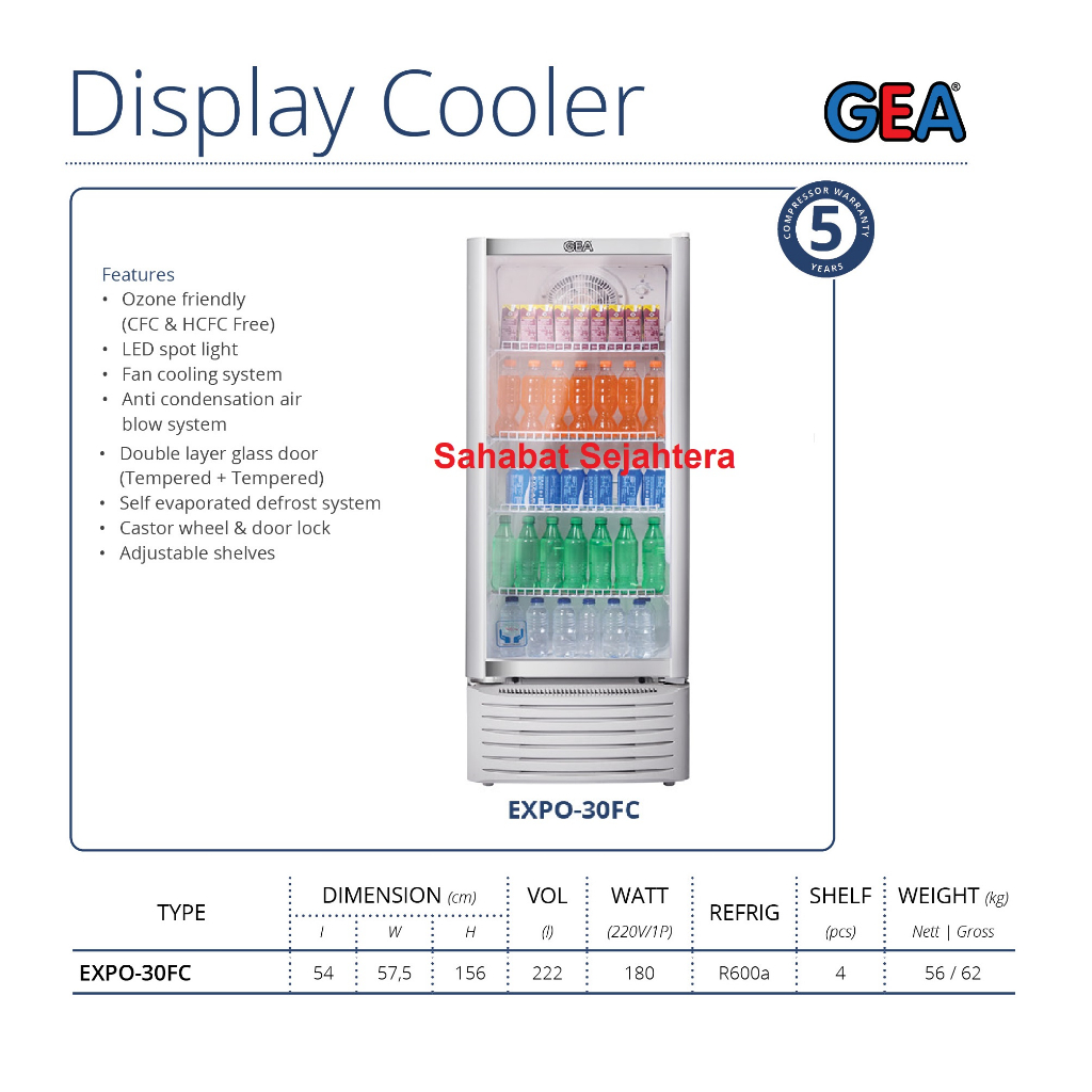 Jual GEA Showcase Display Cooler EXPO-30FC 1 Pintu 4 Rak Kapasitas 222L ...