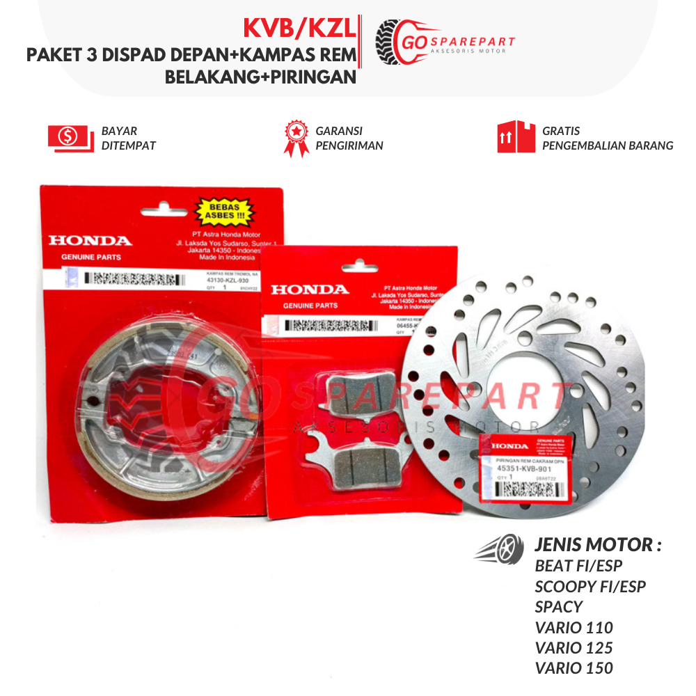 Jual (HONDA) KVB PAKET 3 KAMPAS REM TROMOL BELAKANG + DISPAD DEPAN ...
