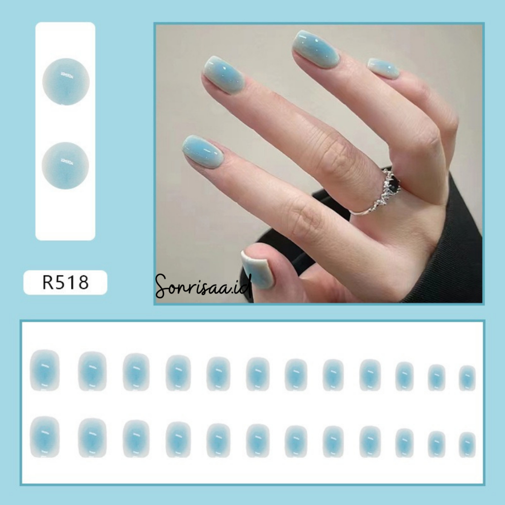 Jual Kuku Palsu Polos Biru Putih 24pcs (R518) / Nail Art / Fake Nails ...