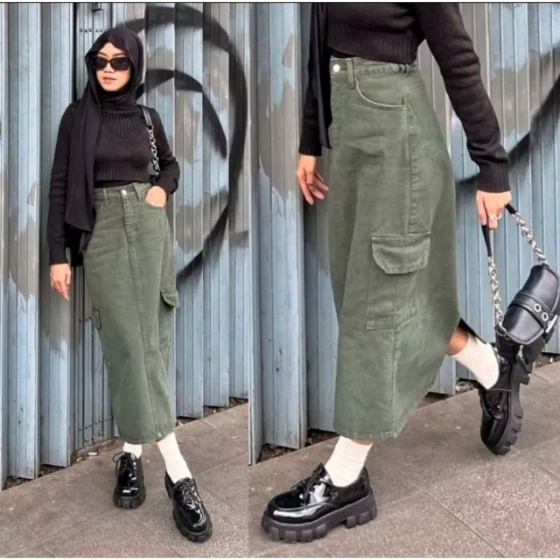 Jual Rok kargo skirt jeans / rok cargo long skirt kekinian | Shopee ...