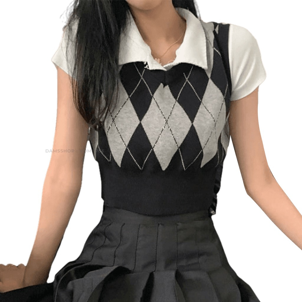 Jual Tempat Rajut Komputer Sweater Vest Rajut Crop Wanita Kotak Silang ...