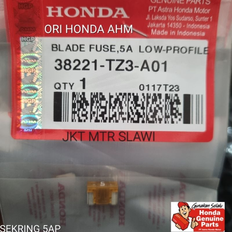 Jual 38221-TZ3-A01 Blade fuse,sekring 5A beat k1a, genio, scoopy k2f ...