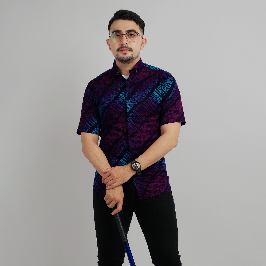 Jual DGM Kemeja Batik Pria Slim Fit Premium Pendek Gradasi Navy 6127 ...