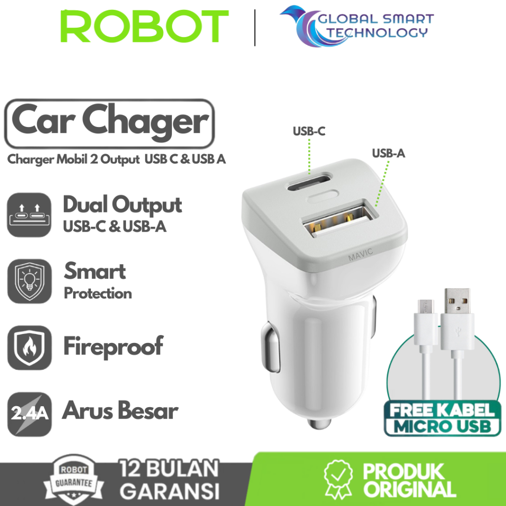 Jual ROBOT RT-C09 Car Charger Casan Mobil Dual Port USB-A & USB-C 2.4A ...
