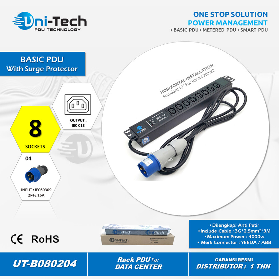 Jual PDU 8 Outlet / Holes / Port Socket C13 with Surge Protection And Optional Connector Input ...