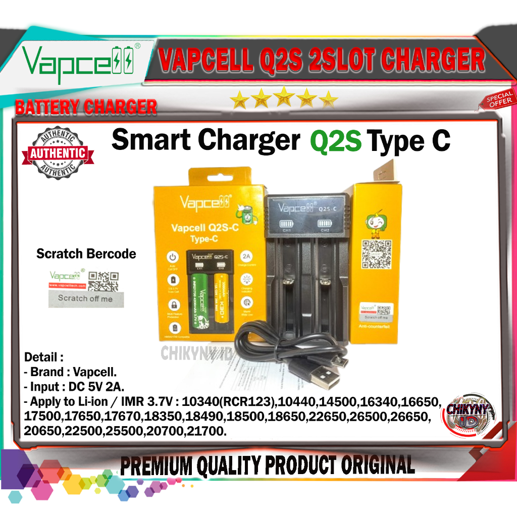 Jual CHARGER VAPCELL Q2S TYPE C 2 SLOT SMART CHARGER ORIGINAL 100% ...