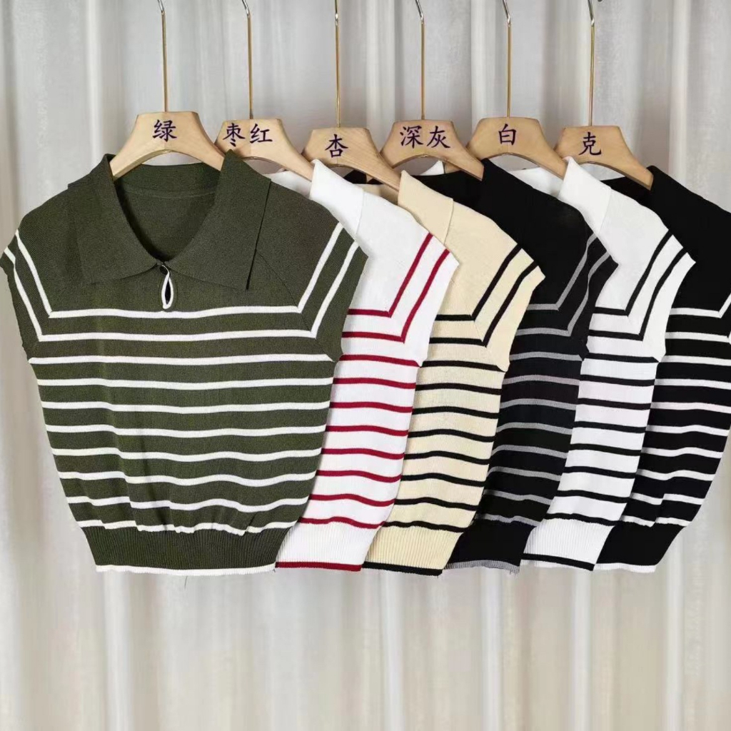 Jual PREMIUM-Kaos Salur Korean Vneck Blouse Atasan Kerah polo Rajut Wanita | Shopee Indonesia