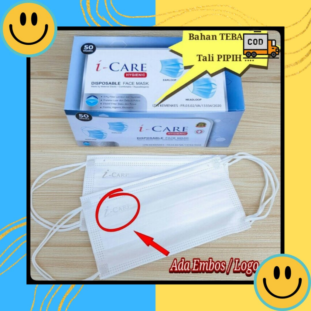 Jual i Care One Care Masker 3 Ply Putih Hijau Disposable Face Mask ...