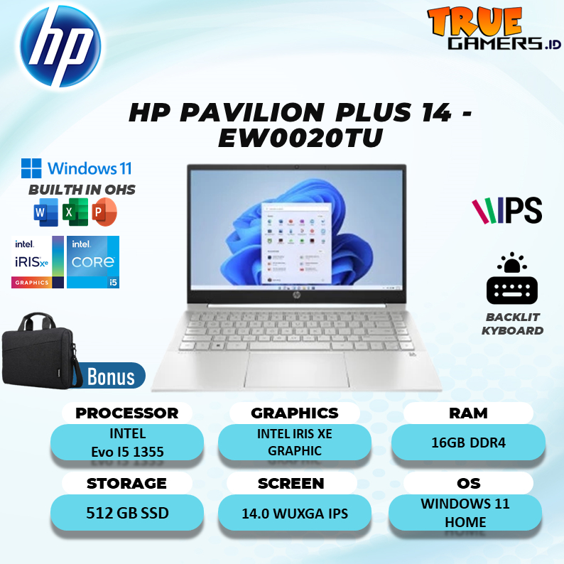 Jual Laptop Hp Pavilion Plus 14 intel EVO I5 1355 16GB 512GB Win 11 FREE OHS 14.0WUXGA IPS ...