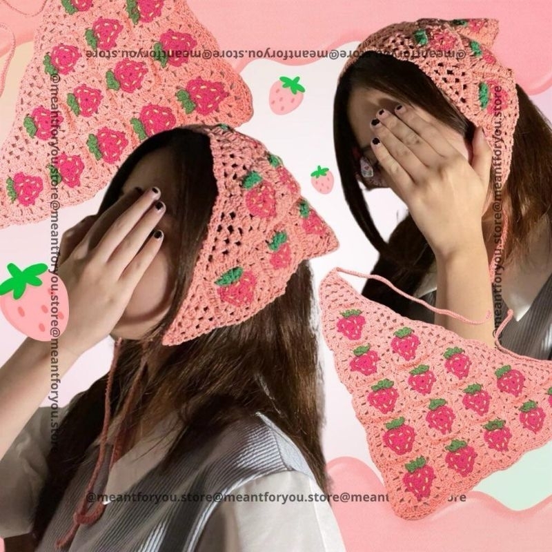 Jual IR8 - Bandana rajut segitiga headband crochet strawberry bando ...