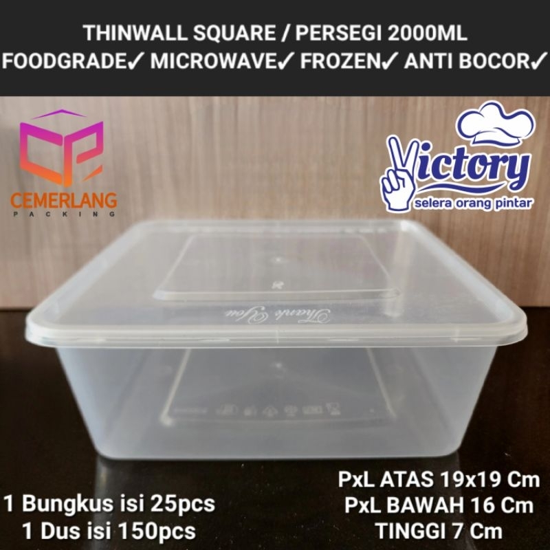 Jual Thinwall Square Persegi 2000ml Kotak Makan Plastik Lunch Box 2000 ...