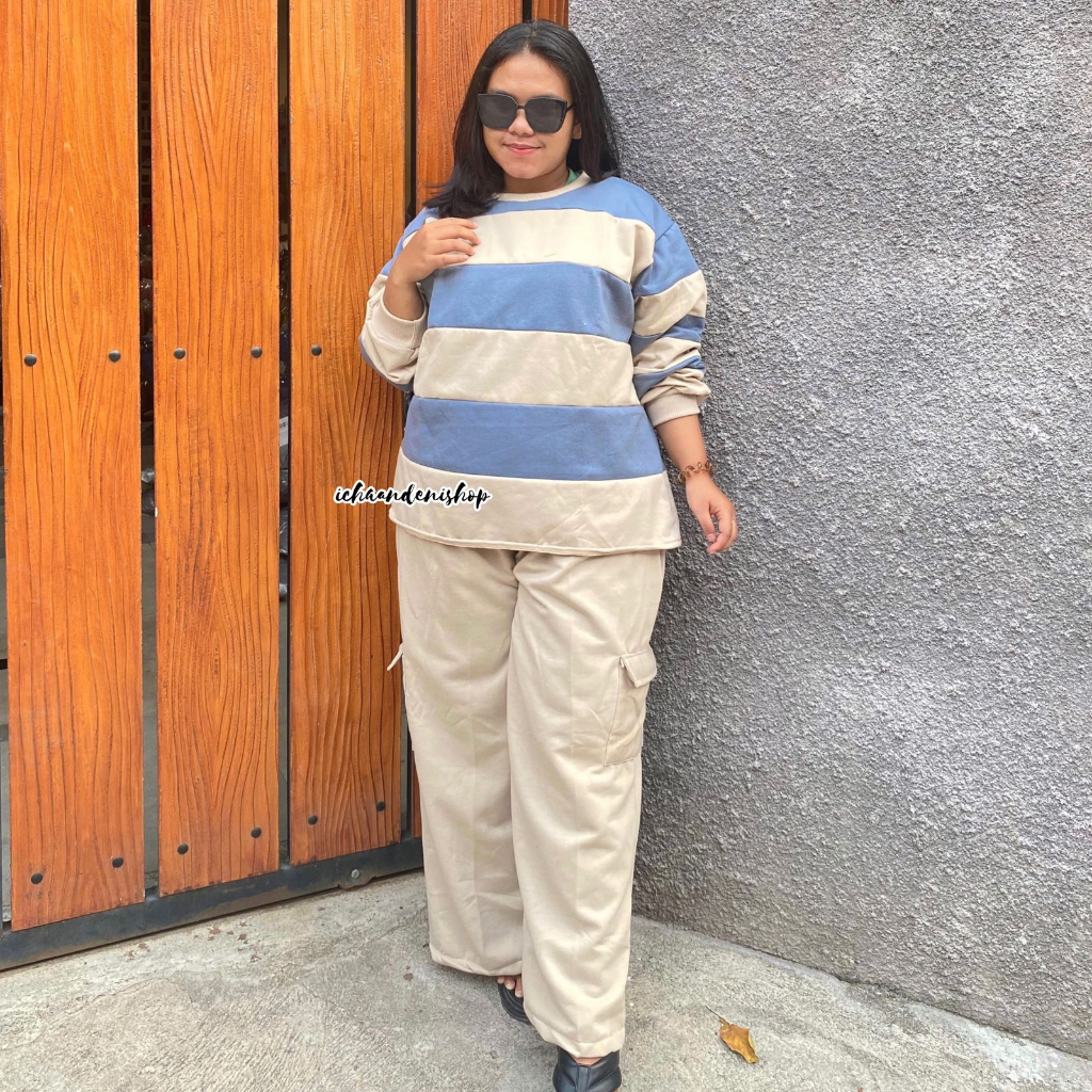 Jual ICH - One Set Sweater Hachi Fleece Big Size Set Stripe Multicolor ...
