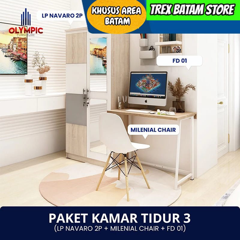 Jual PAKET KAMAR TIDUR MINIMALIS LEMARI 2P NAVARO MEJA & KURSI OLYMPIC ...
