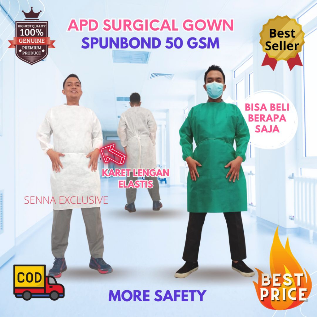 Jual APD Gown Medis Surgical Disposible 40GSM Disposable Gown Apron ...