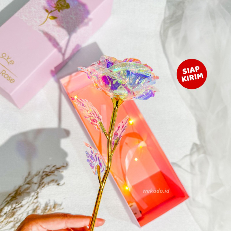 Jual 𝐖𝐄𝐊𝐀𝐃𝐎 - Bunga Mawar Hologram | Mawar Artificial Gold Foil | Box ...