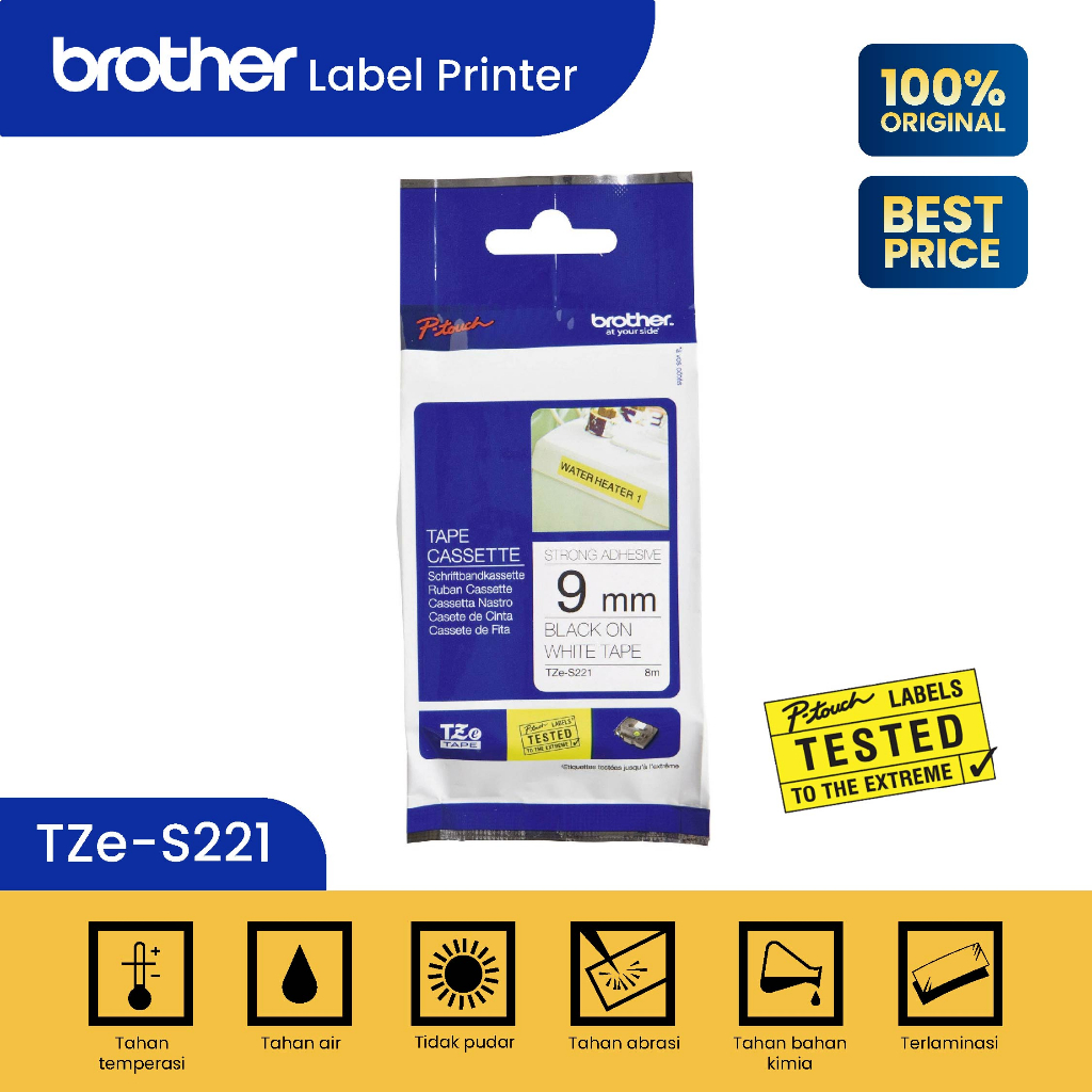 Jual Brother Label Tape TZE-S221 Black On White Strong Adhesive 9MM ...