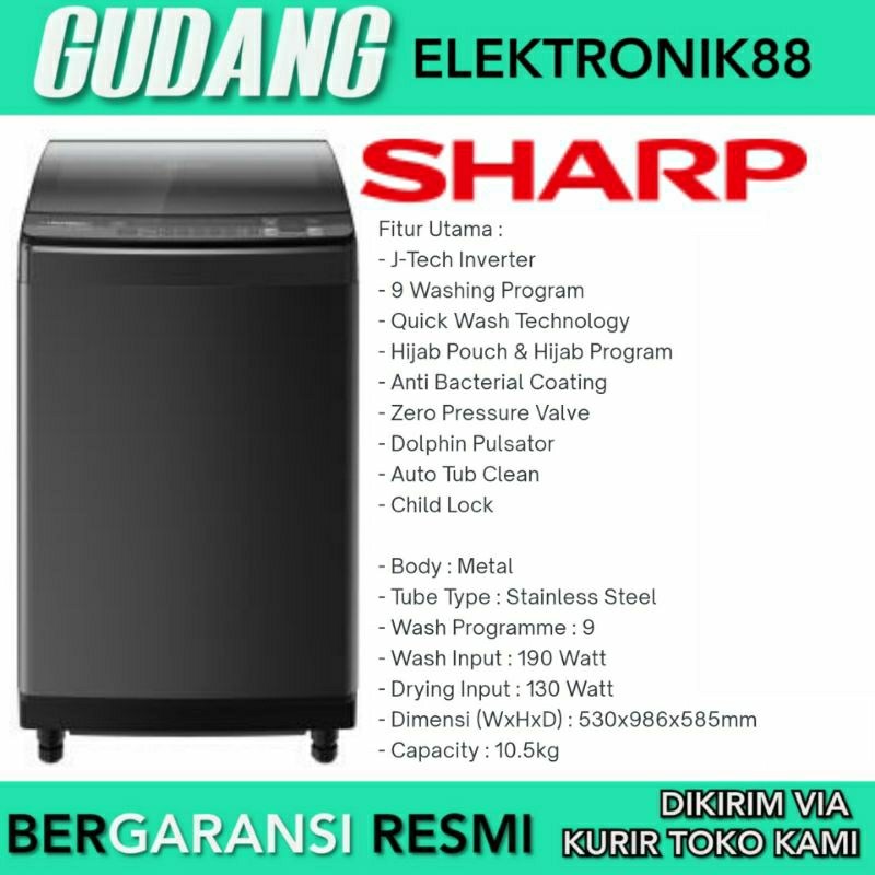 Jual Mesin Cuci sharp 1 Tabung 10.5Kg ES-M1050XT Top Loading Sharp 1 ...