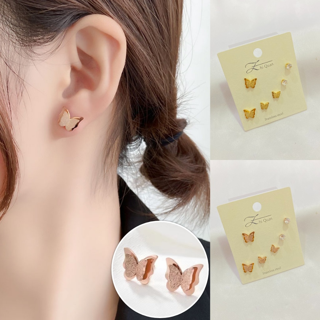 Jual Anting Tusuk Stud Butterfly Set 3 Pasang 3 in 1 Aksesoris Wanita ...