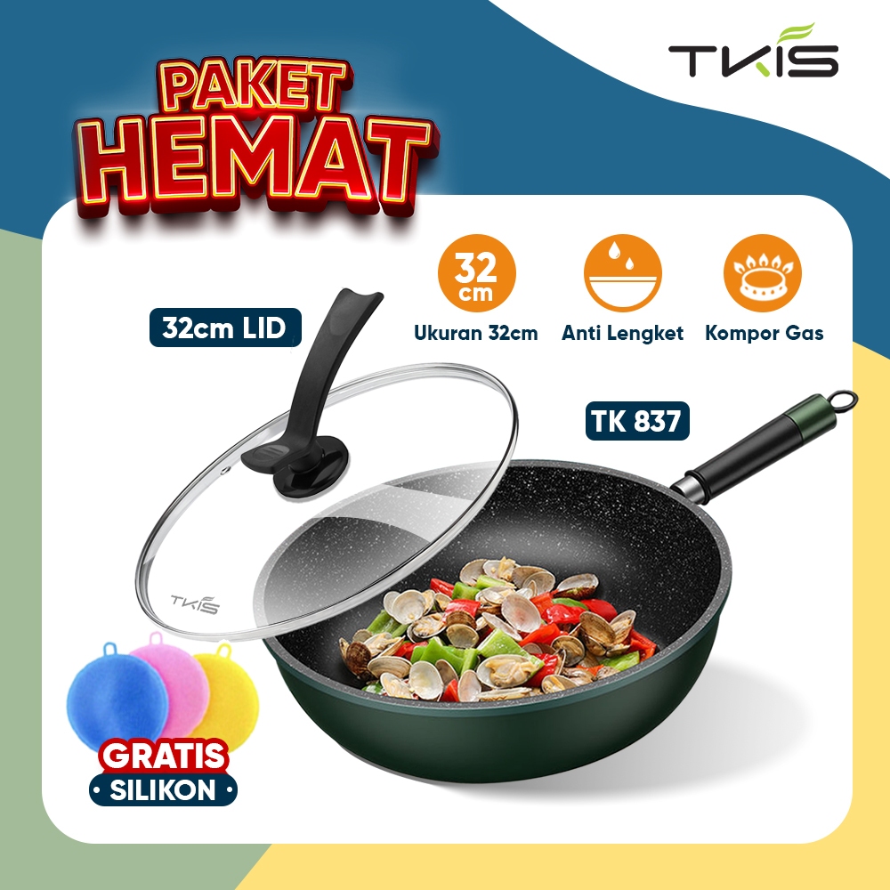 Jual TKIS Paket Hemat Wajan dengan Tutup Kaca 32cm Panci Wok Pan Anti Lengket Batu Medis TK-837 ...