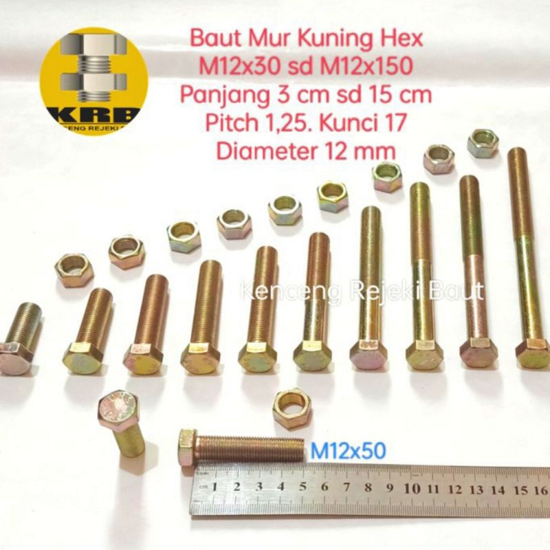 Jual Baut Mur Kuning Hex M12x30, M12x40, M12x50, M12x60, M12x70, M12x80 ...