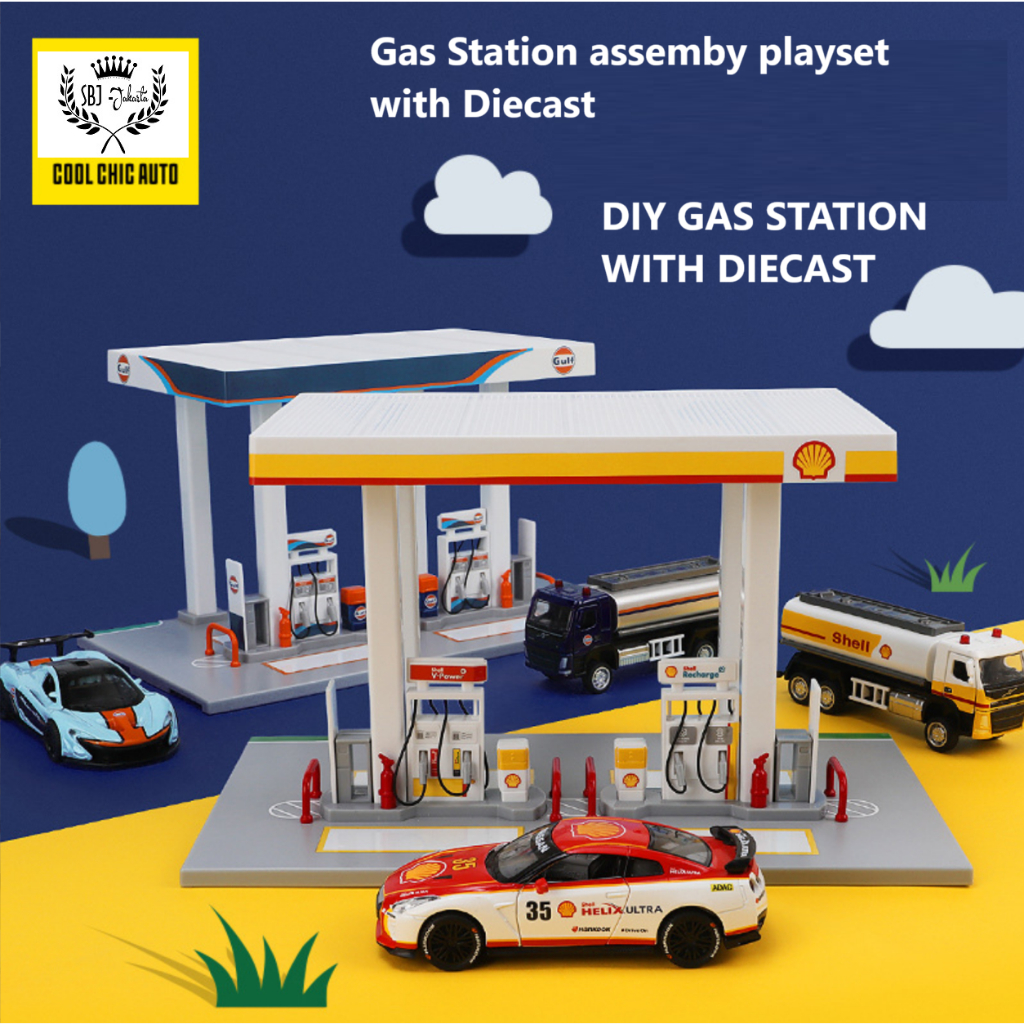Jual Diecast DIY Pom Bensin Gas station shell dengan mobil nissan GTR ...