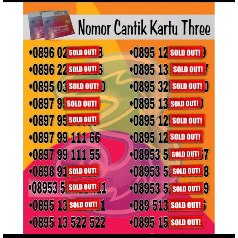Jual Nomor Cantik Kartu Perdana Tri Angka Super Rapi Nomor Cantik Kartu ...