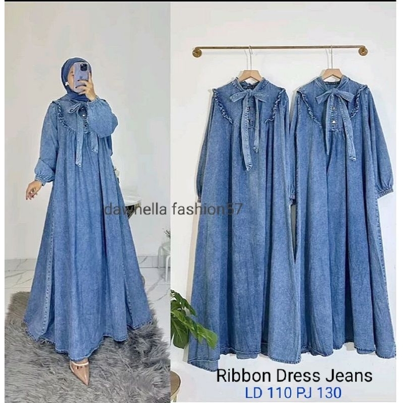 Jual Ribbon Dress Jeans Maxy Gamis Kerah Tali Jenna | Shopee Indonesia