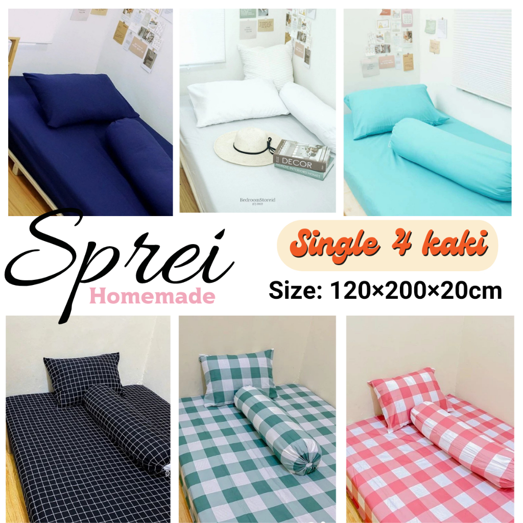 Jual Sprei Single Set Homemade 120×200x20cm 4kaki Polos dan Kotak Sudut ...