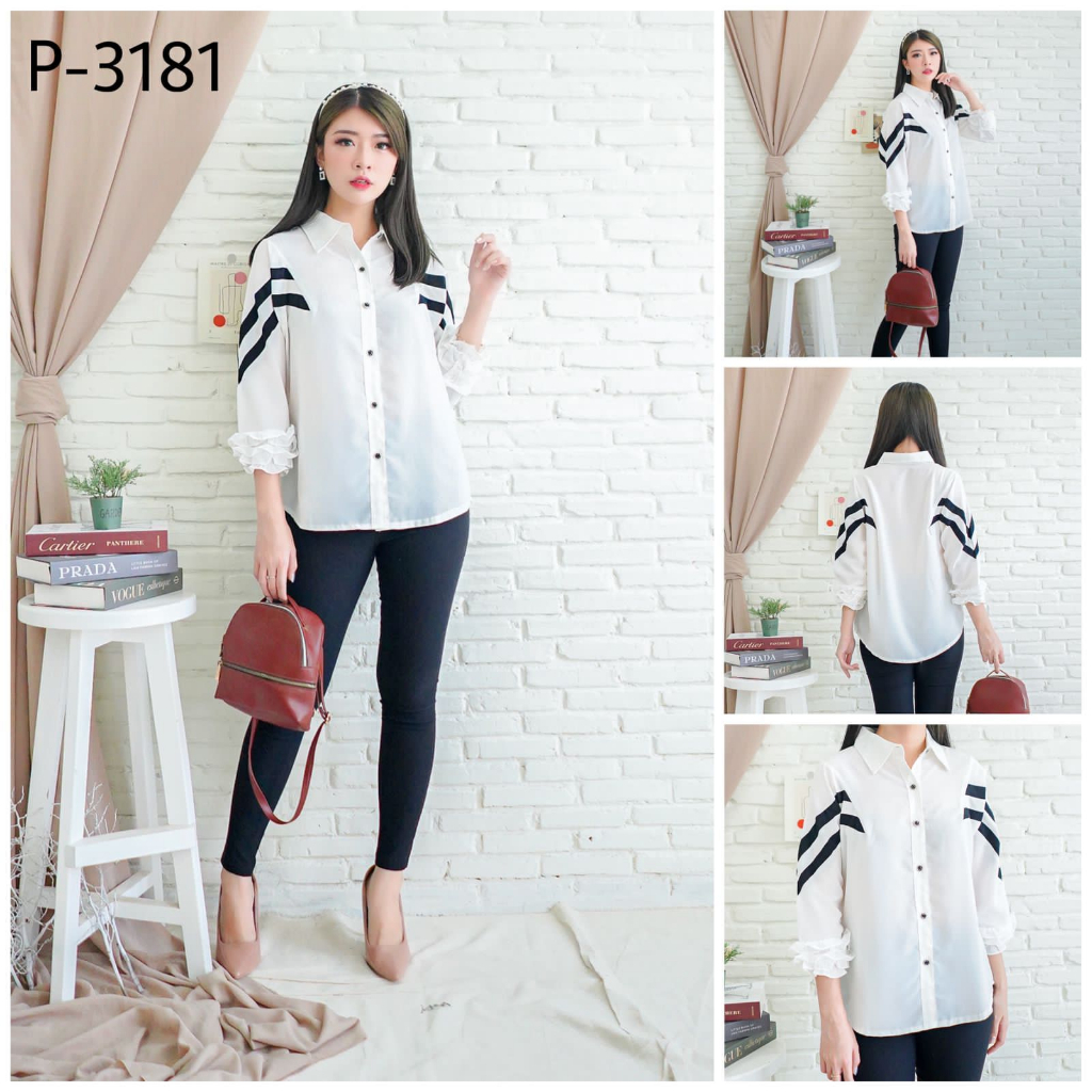 Jual Kemeja Kombinasi Putih BW dan Hitam Fashion Wanita | Shopee Indonesia