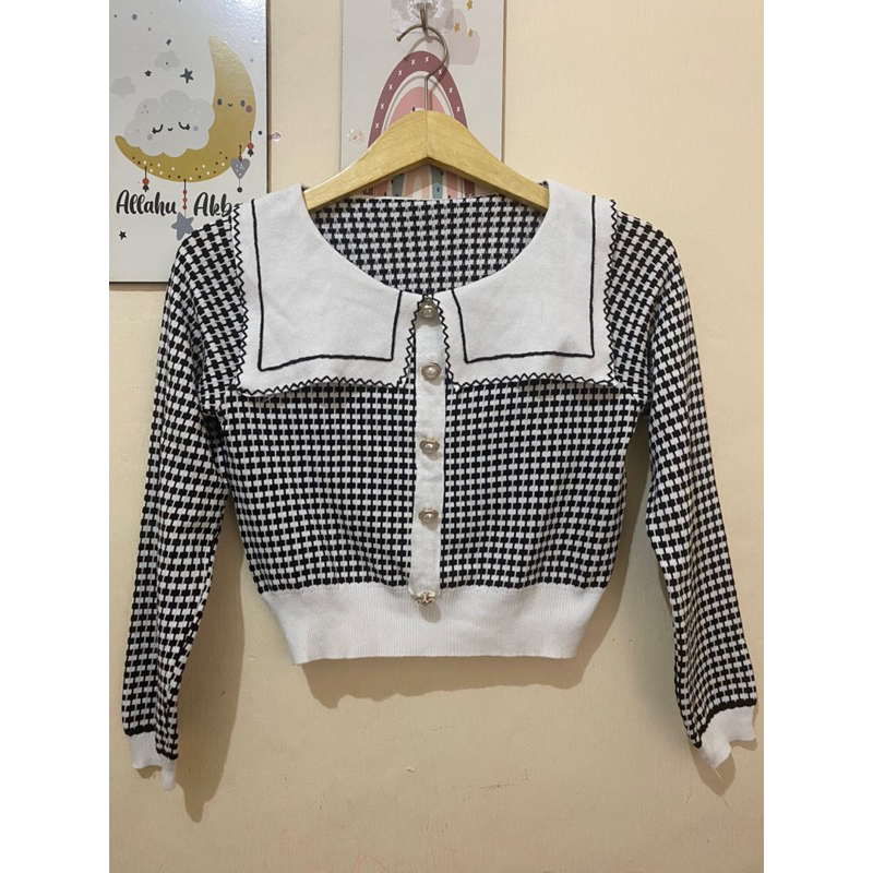 Jual Knit Sweater rajut Crop kerah sailor blouse top wanita Cardigan korean style square kotak ...