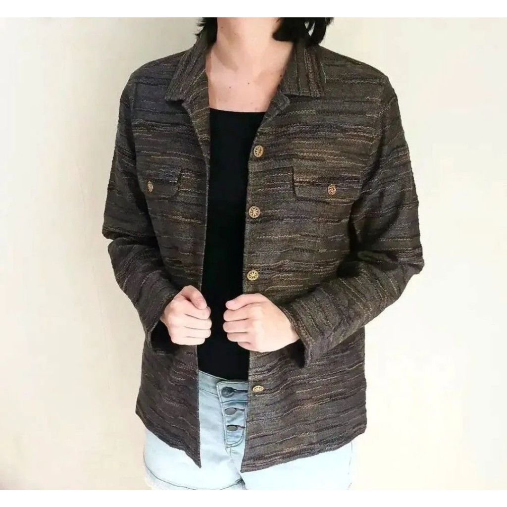 Jual Jaket Outer Luaran Tweed Wanita Motif Salur Garis Coklat Tua ...