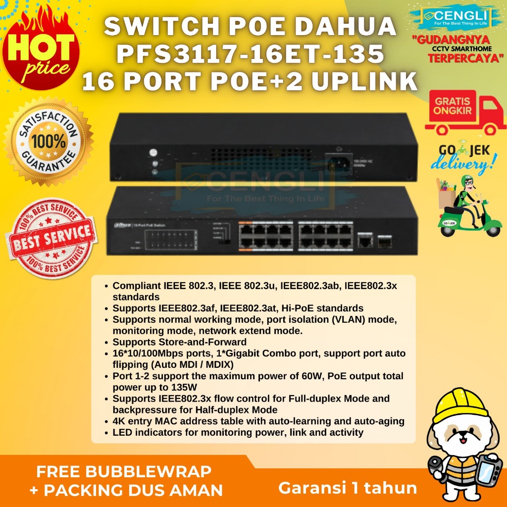 Jual DAHUA POE SWITCH HUB DH-PFS3117-16ET-135 16 PORT POE+2 PORT UPLINK ...